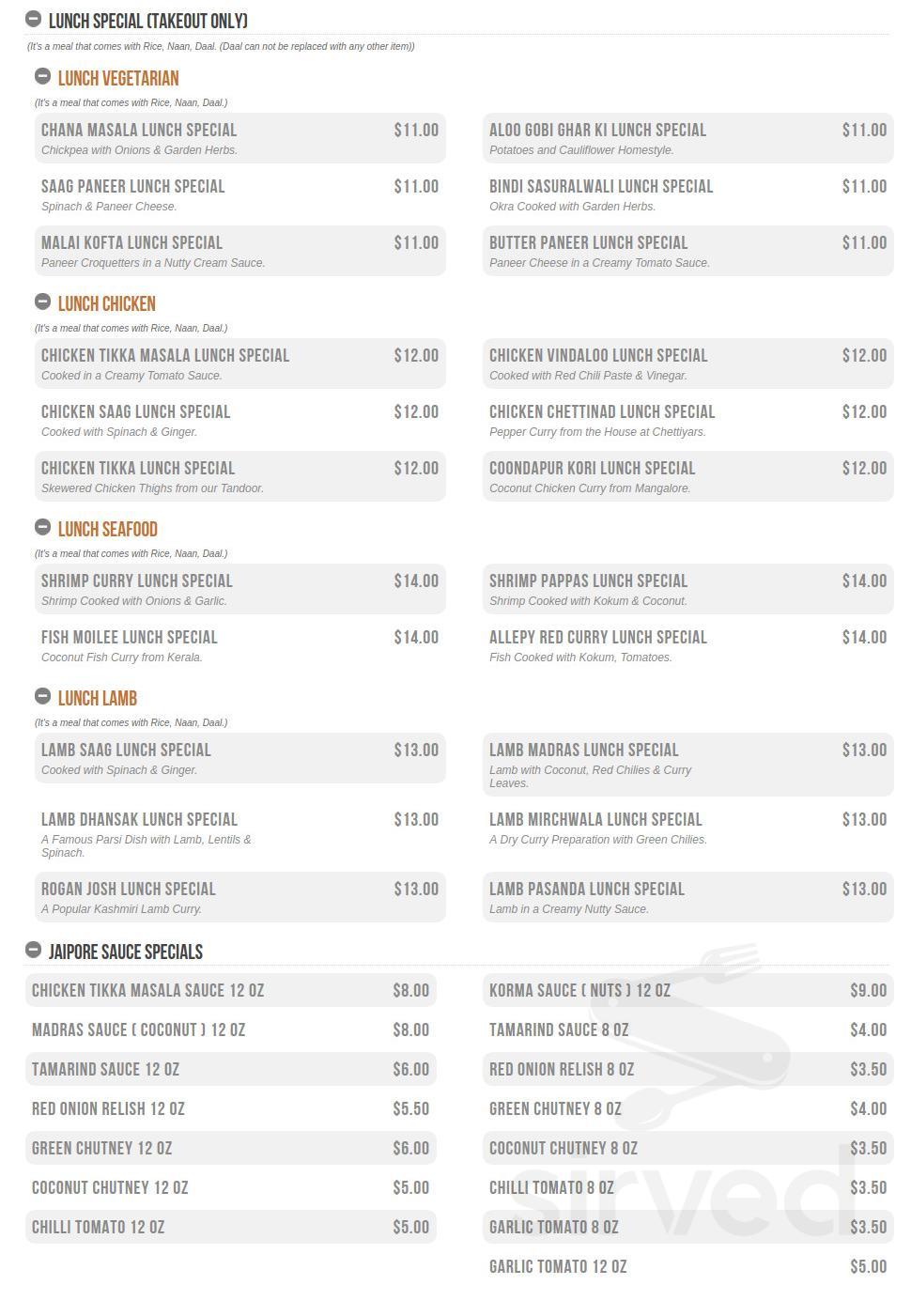 Jaipore Royal Indian Cuisine menu in Brewster, New York, USA