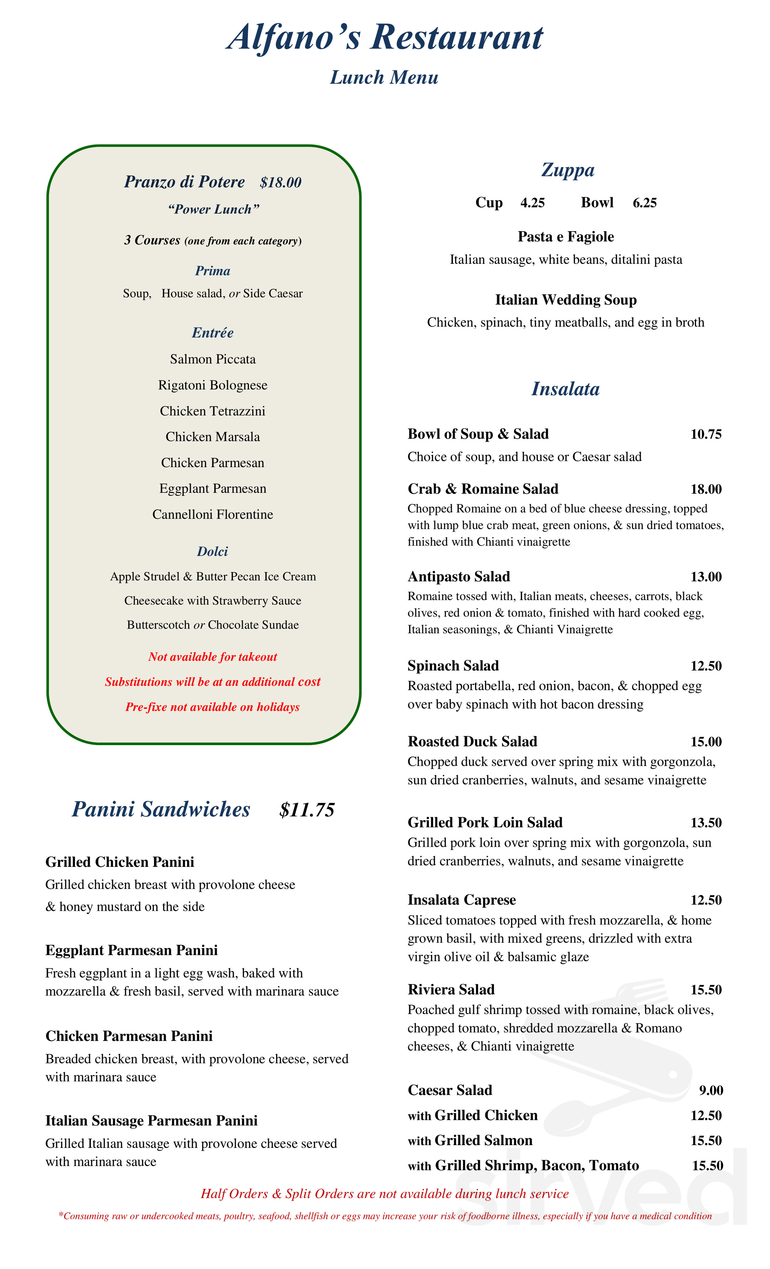 Alfano's Restaurant menu in Clearwater, Florida, USA
