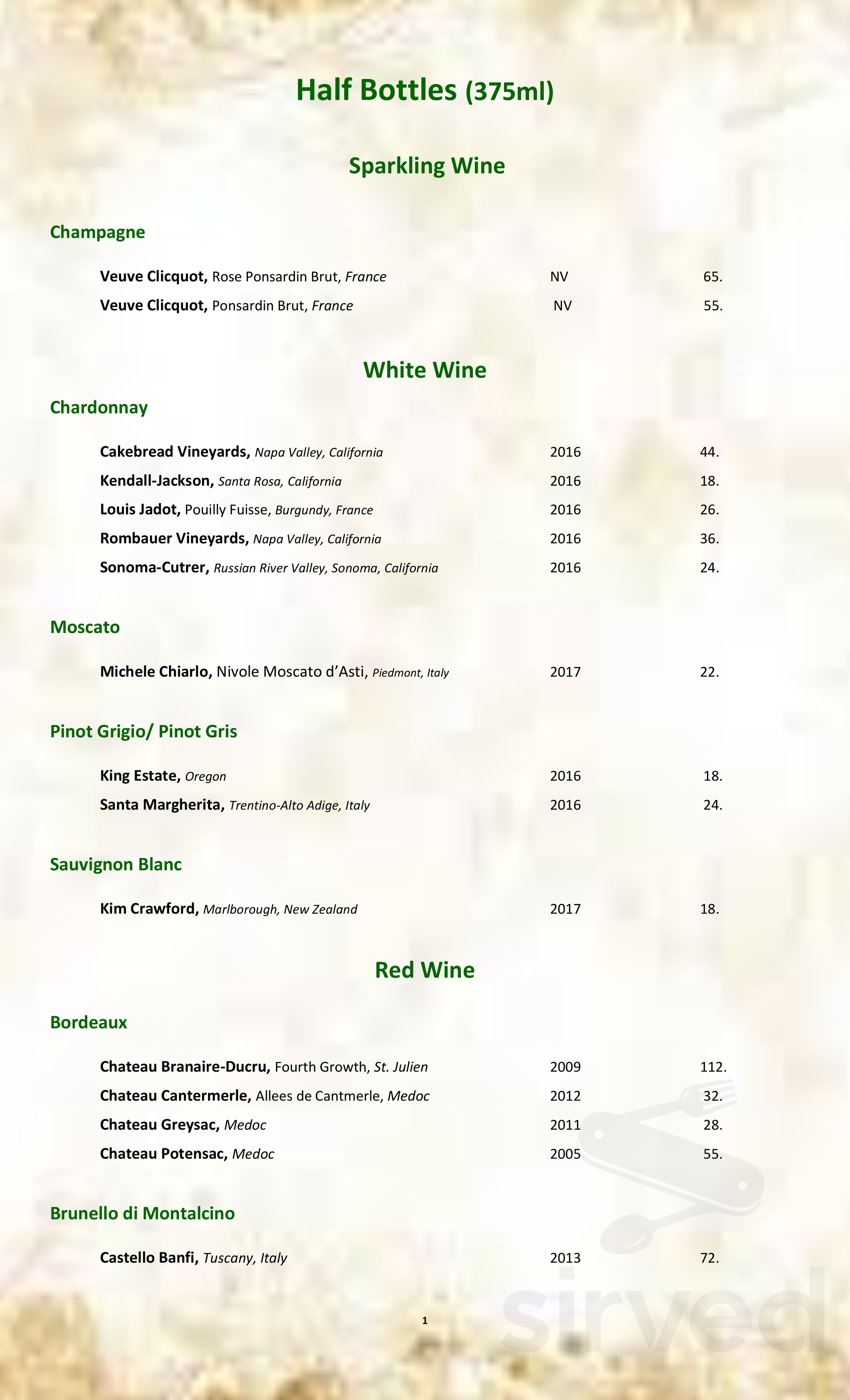 Alfano's Restaurant menu in Clearwater, Florida, USA