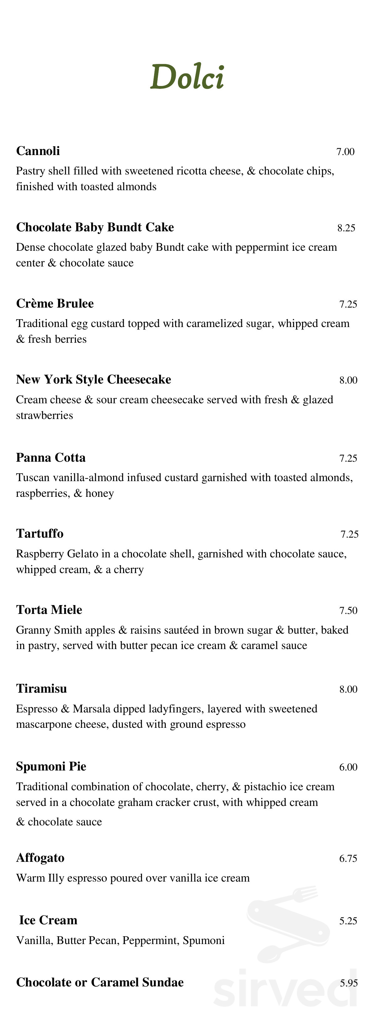 Alfano's Restaurant menu in Clearwater, Florida, USA