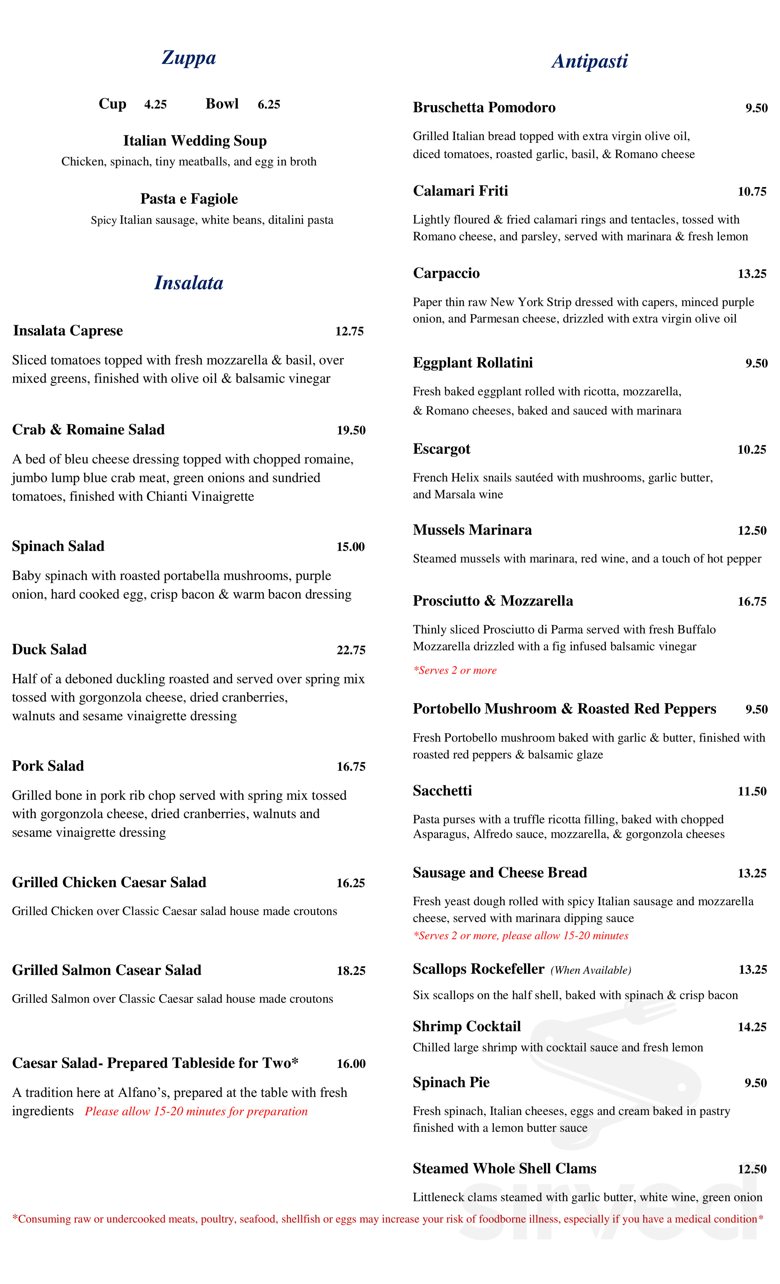 Alfano's Restaurant menu in Clearwater, Florida, USA