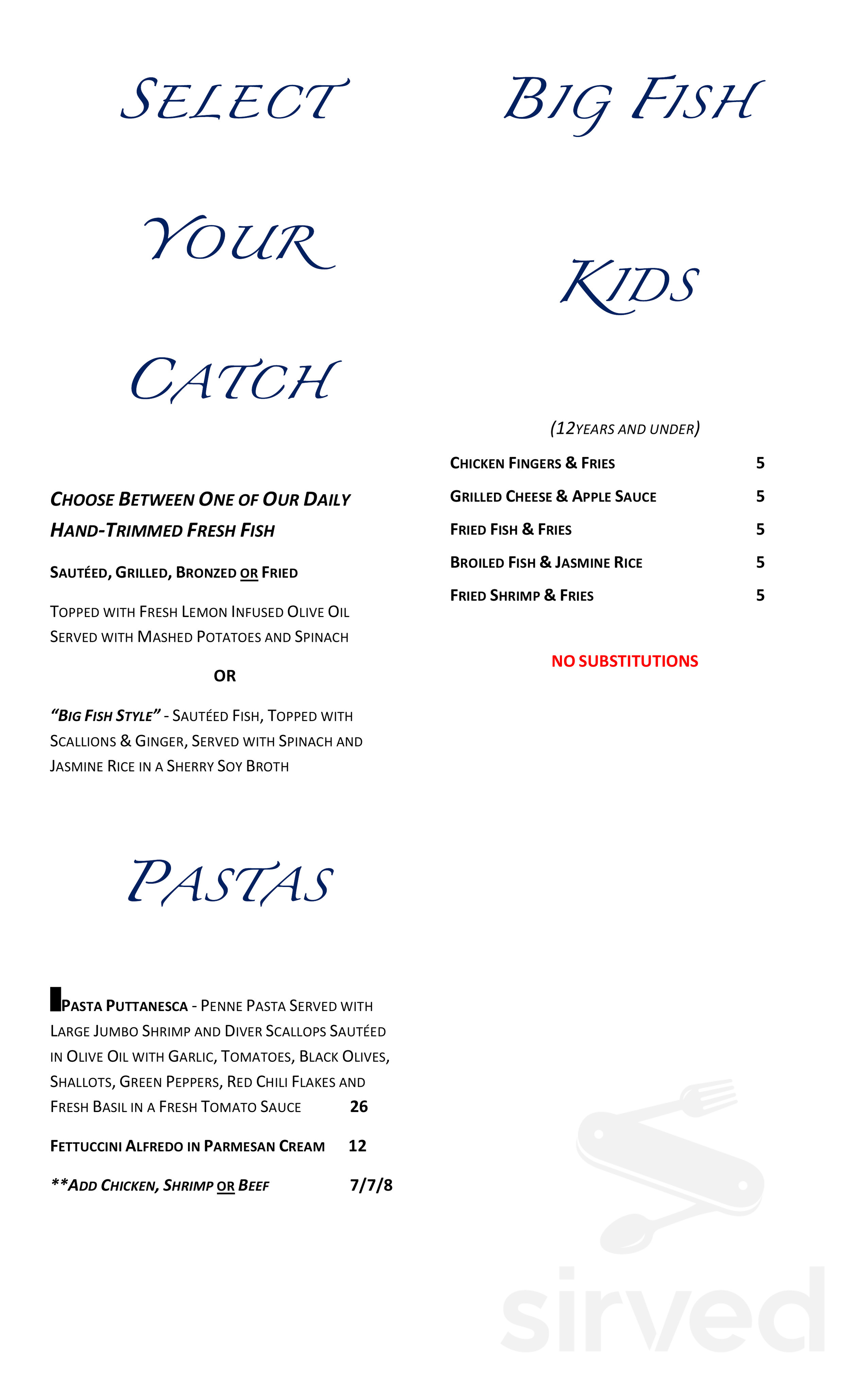 Big Fish Restaurant menu in Orange Beach, Alabama, USA