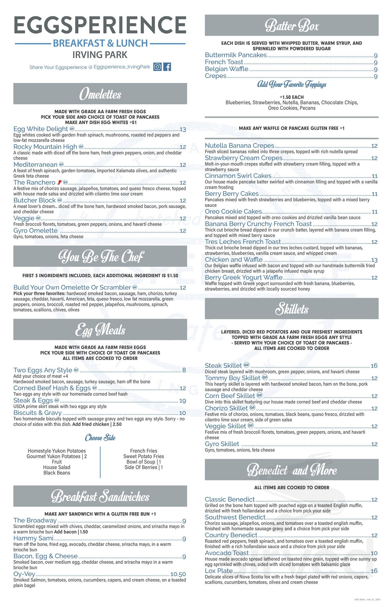 Menu - Chicago IL's Eggsperience Irving Park | Sirved