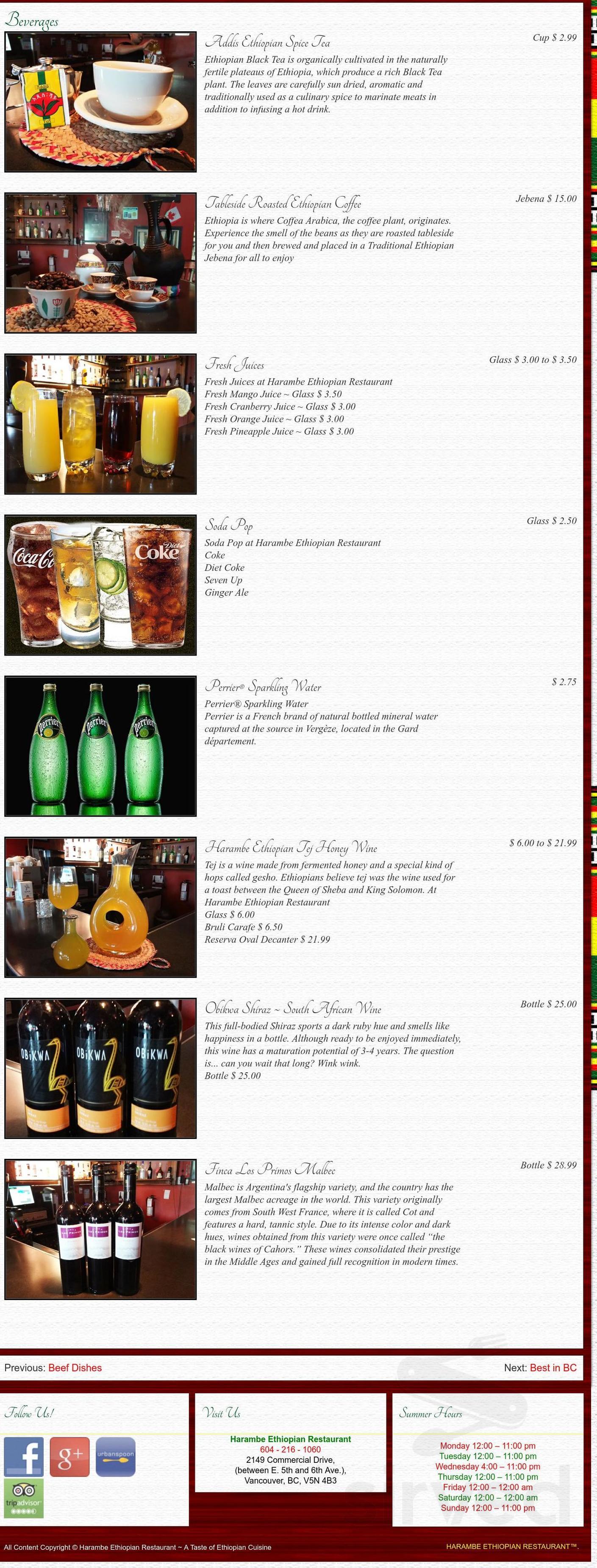 Harambe Ethiopian Restaurant menu in Vancouver, British Columbia, Canada