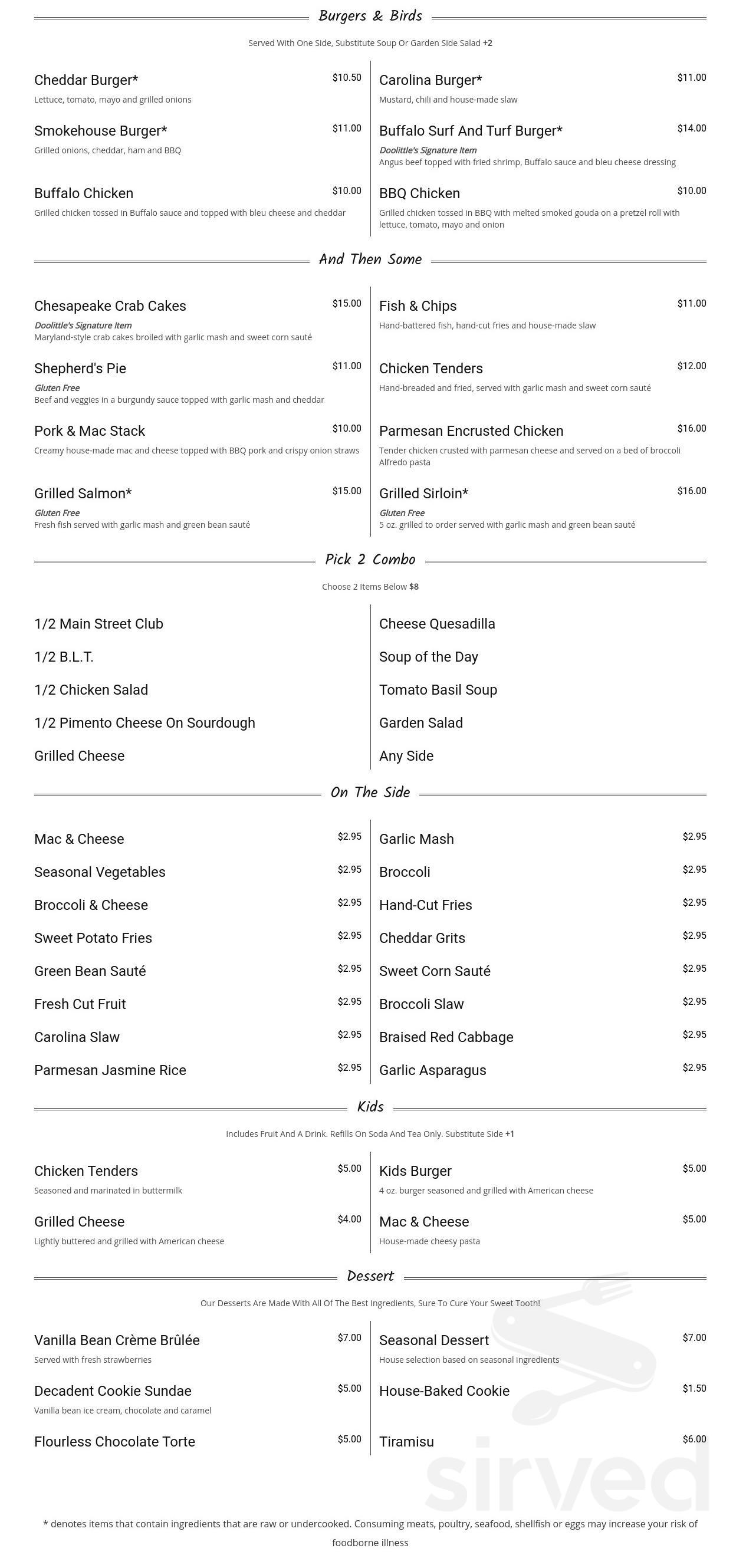 Doolittle's menu in Anderson, South Carolina, USA