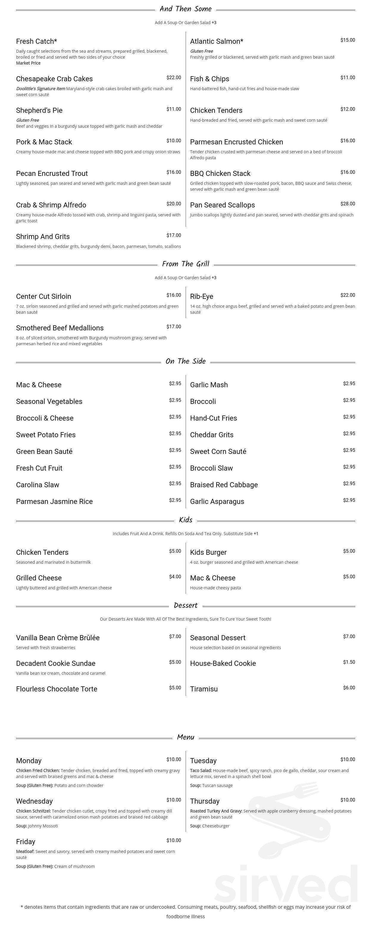 Doolittle's menu in Anderson, South Carolina, USA
