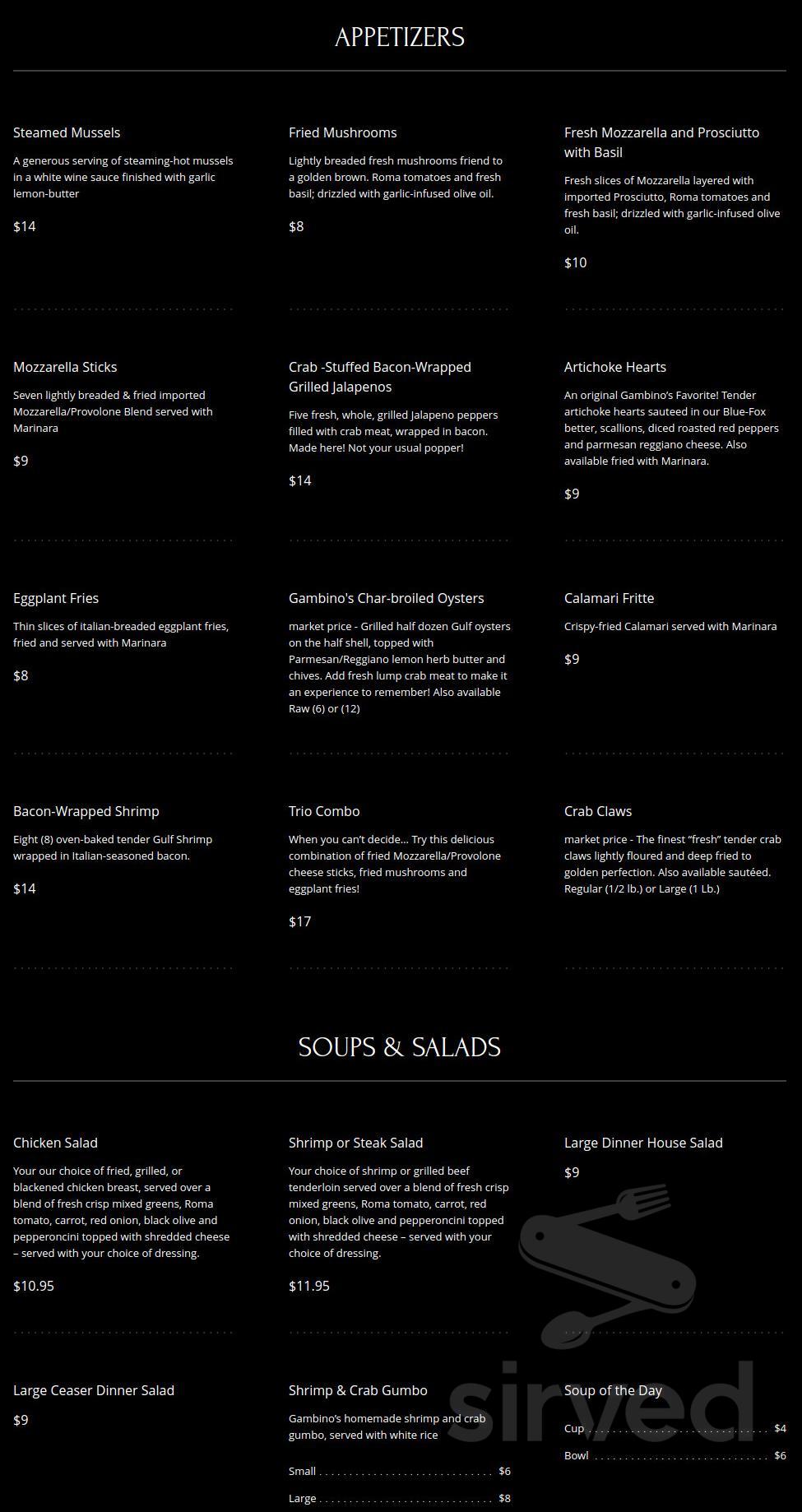 Menu for Gambino's Italian Grill in Fairhope, AL | Sirved