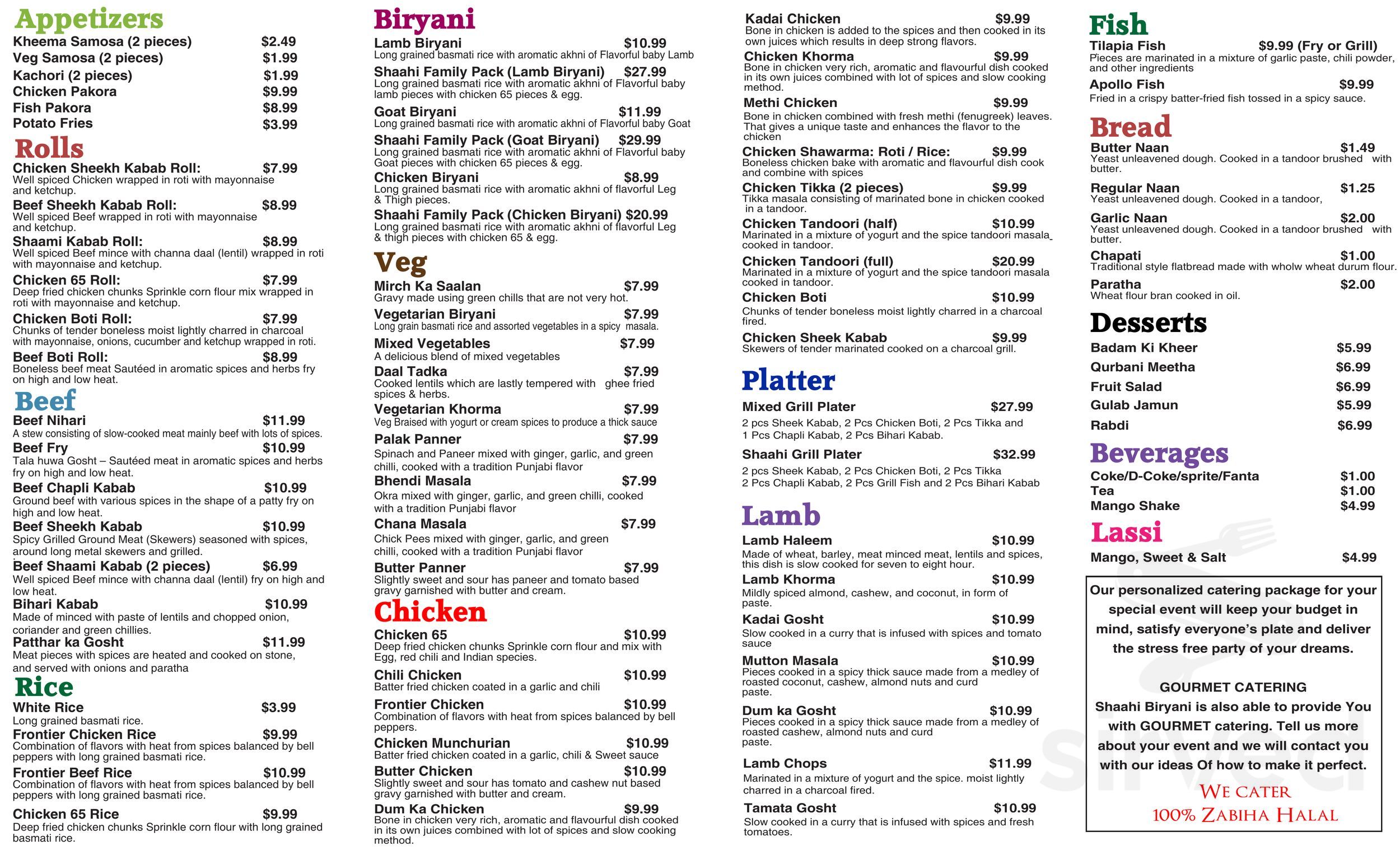 Shaahi Biryani menu in Glendale Heights, Illinois, USA