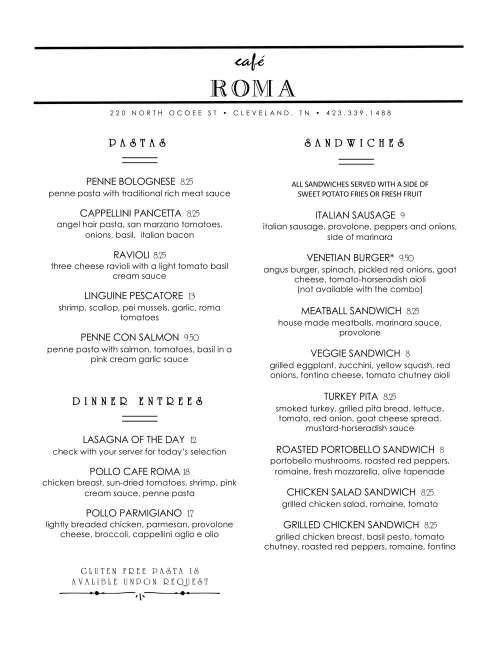 Cafe Roma menu in Cleveland, Tennessee, USA