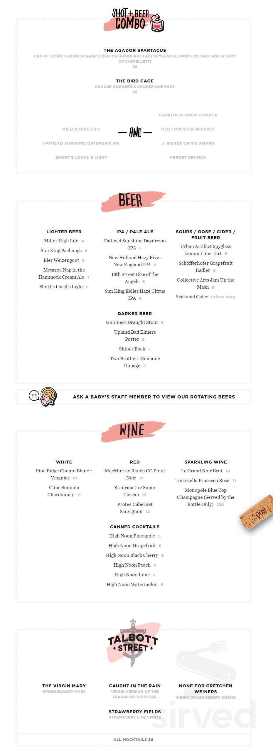 Baby's menu in Indianapolis, Indiana, USA