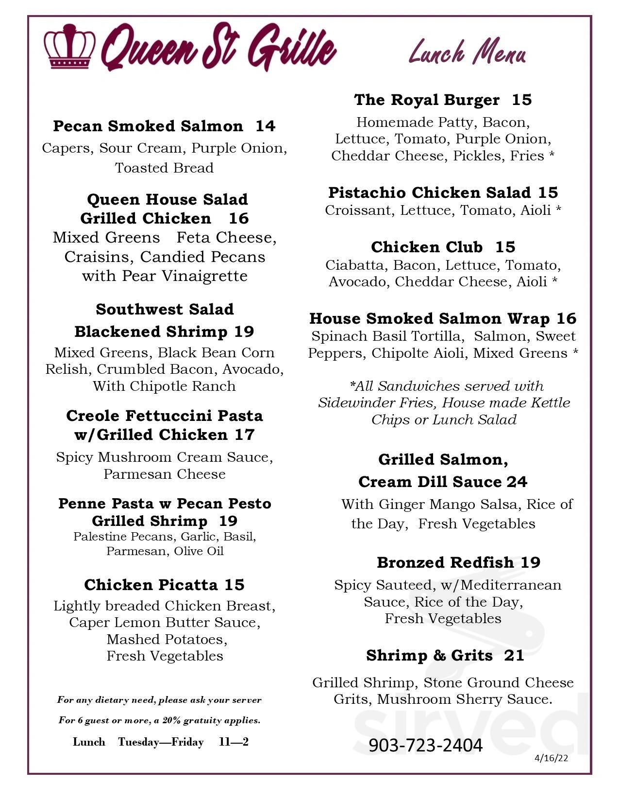Queen St Grille menu in Palestine, Texas, USA