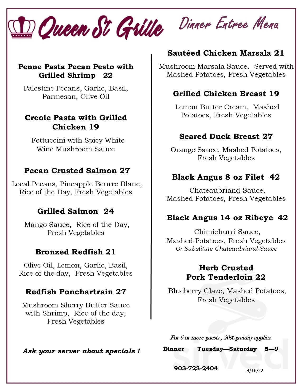 Queen St Grille menu in Palestine, Texas, USA
