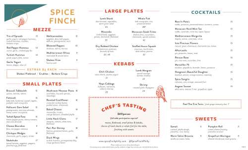 Spice Finch menu in Philadelphia, Pennsylvania, USA