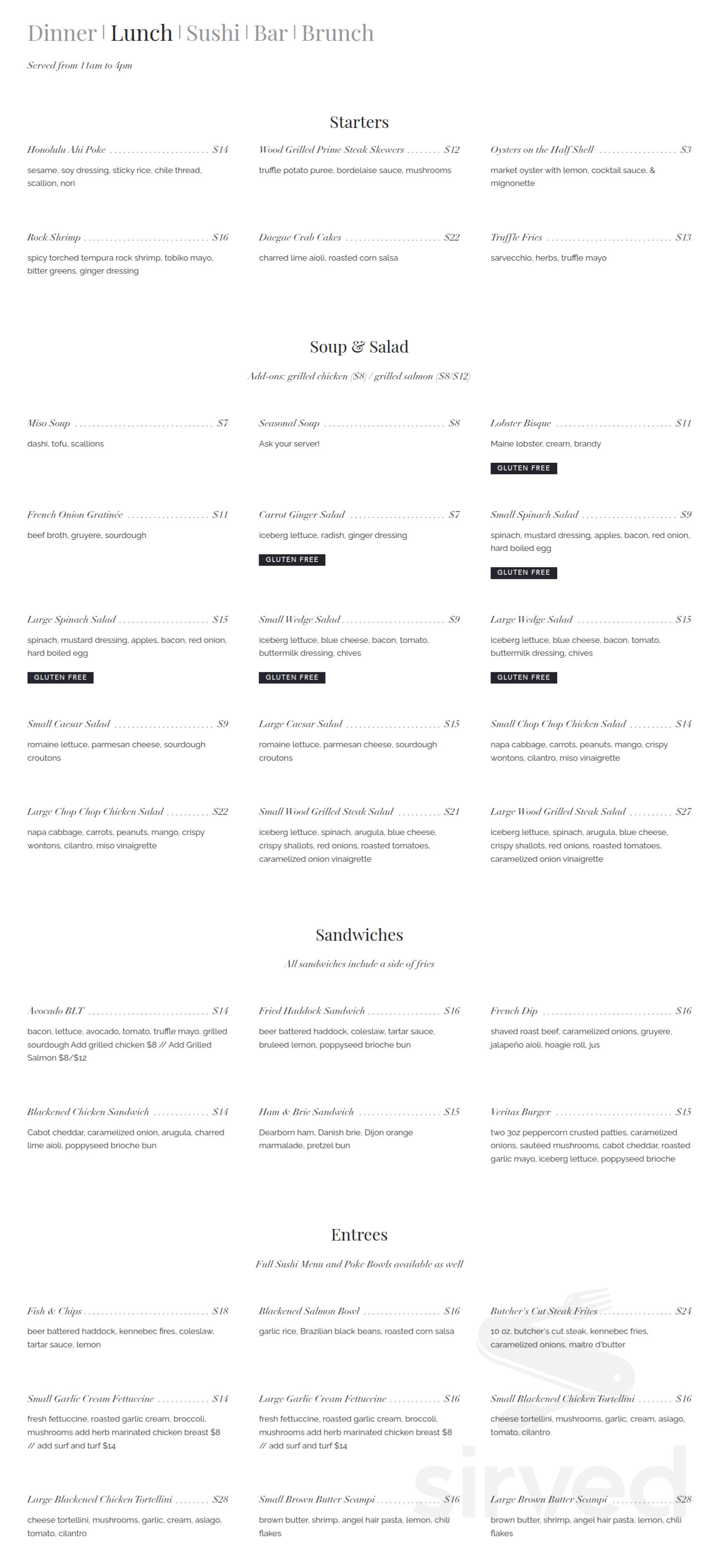 VERITAS menu in Jackson, Michigan, USA