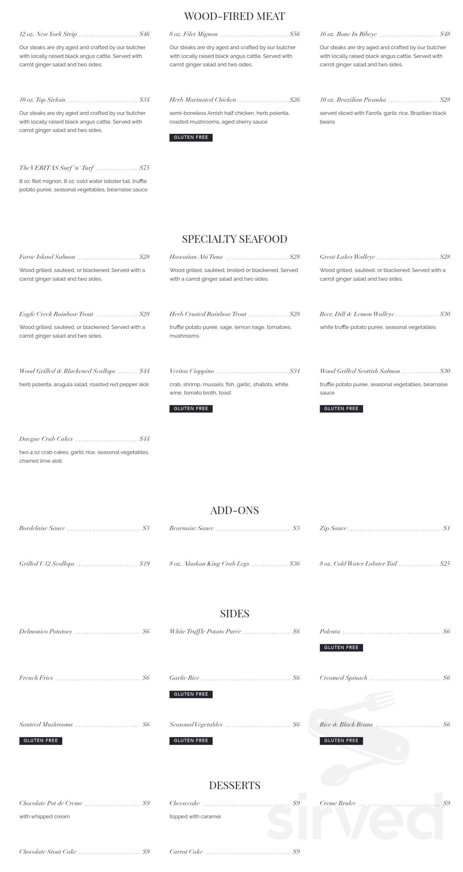 VERITAS menu in Jackson, Michigan, USA
