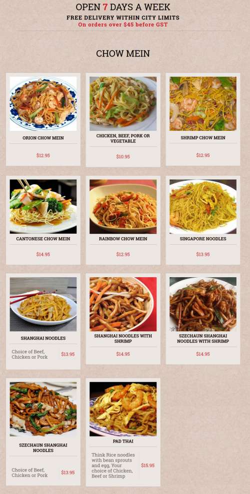 Orion Chinese Restaurant menu in Dawson Creek, British Columbia, Canada