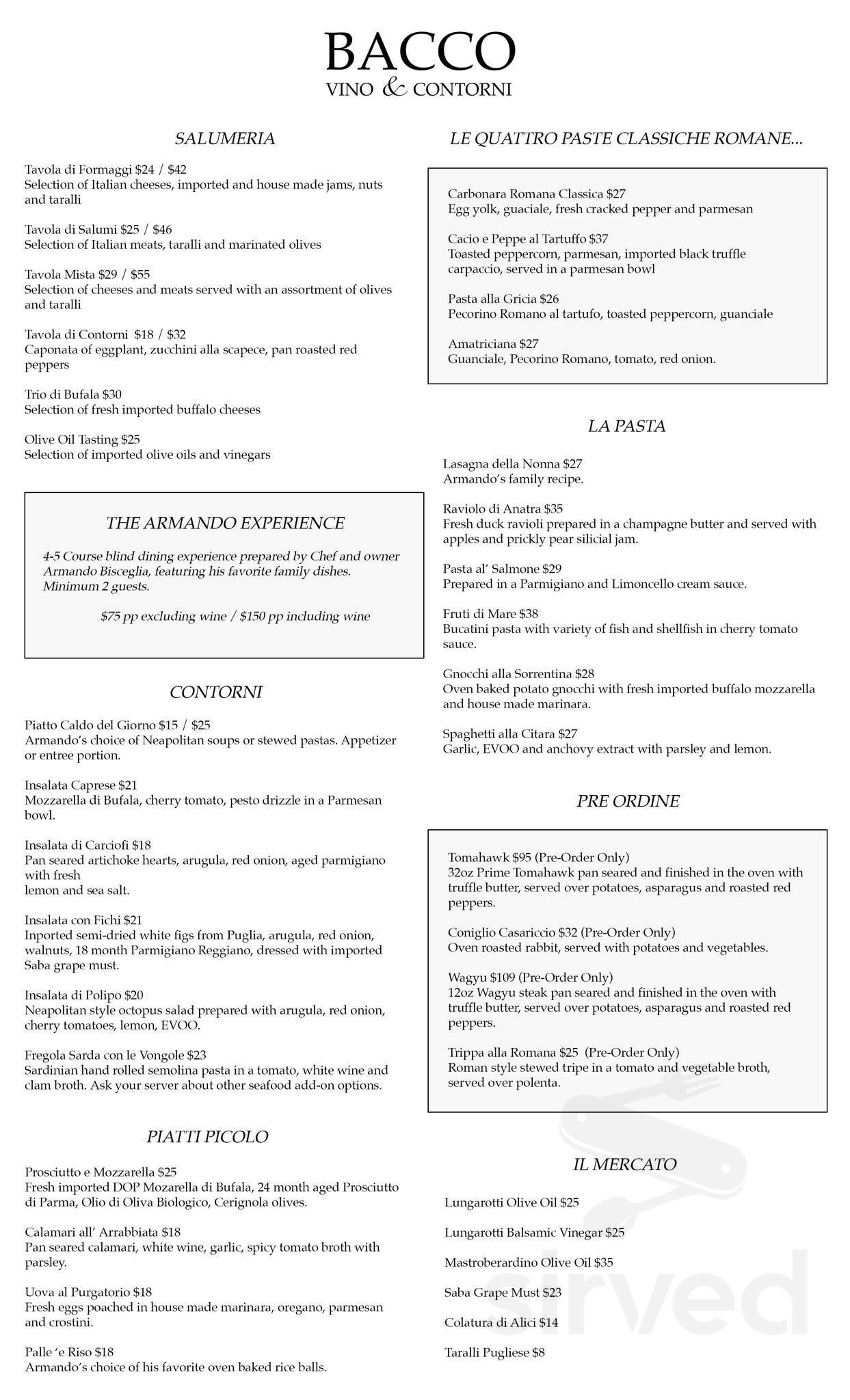 Bacco Vino & Contorni menu in Providence, Rhode Island, USA