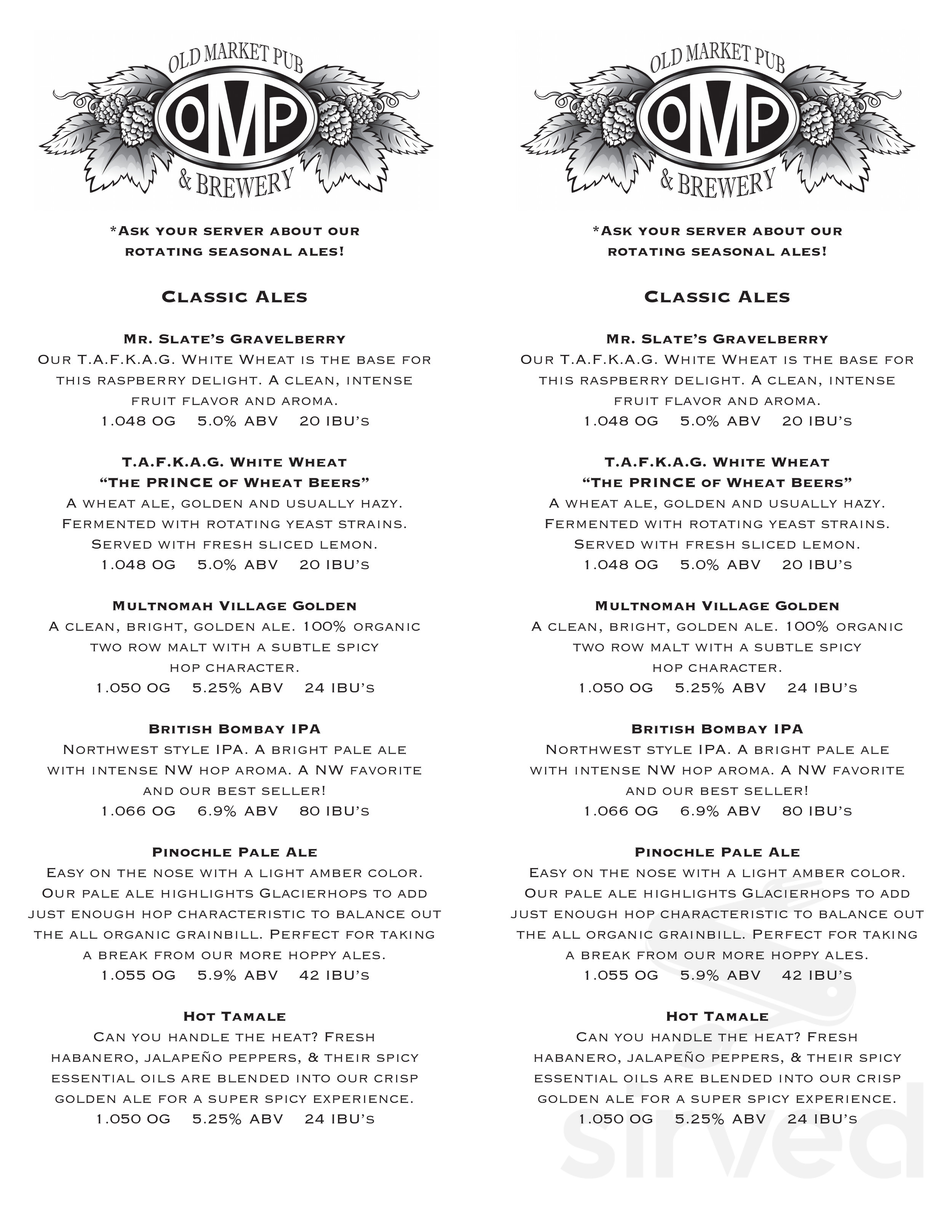 Old Market Pub & Brewery menu in Portland, Oregon, USA