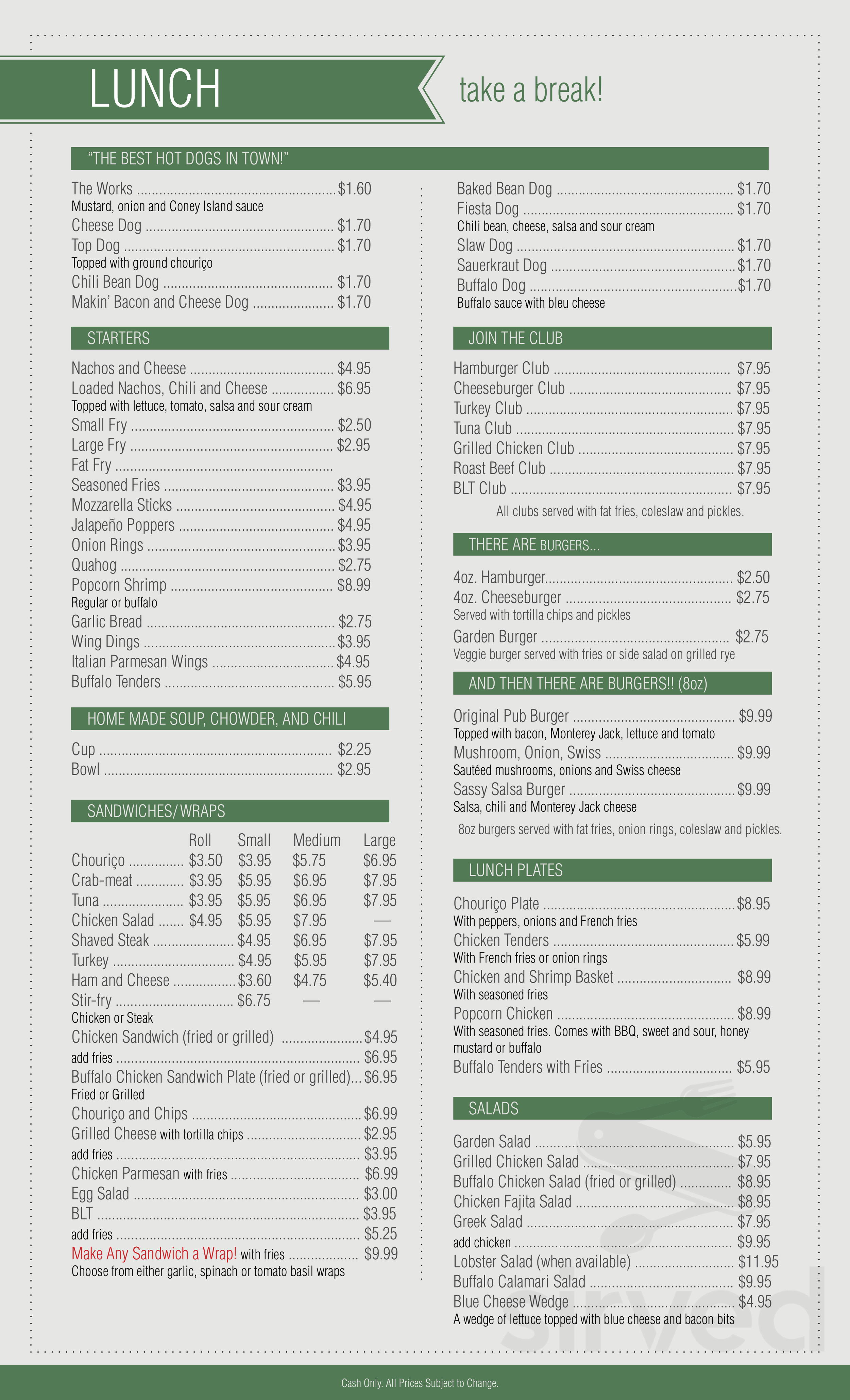 Roger's Coney Island hot dogs menu in Fall River, Massachusetts, USA