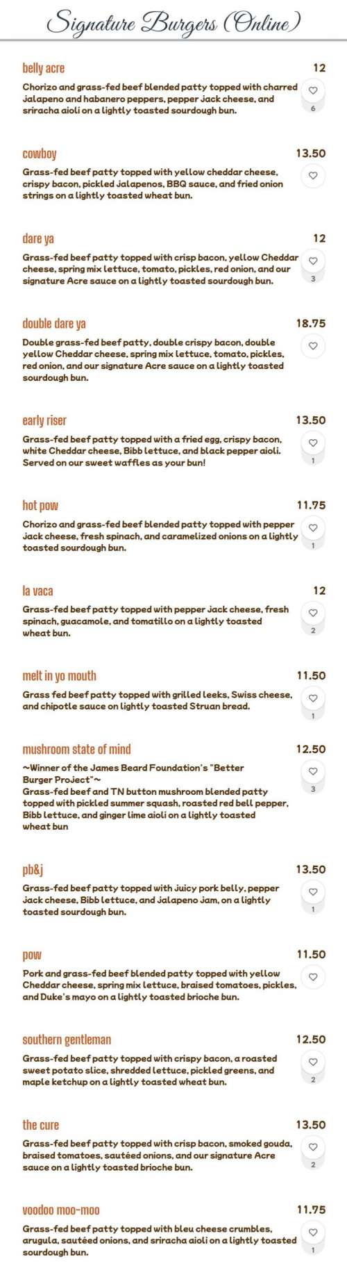 Belly Acres (Overton Square) menu in Memphis, Tennessee, USA