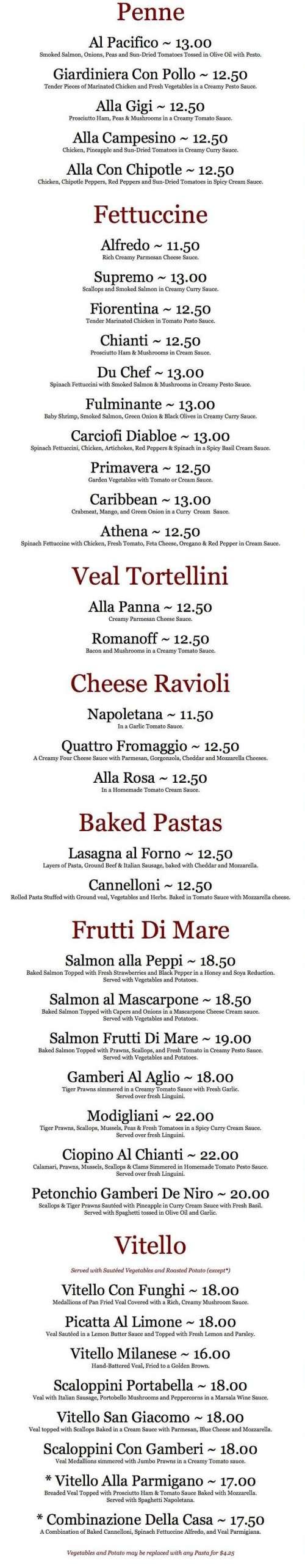 Chianti Cafe & Restaurant menu in Saskatoon, Saskatchewan, Canada