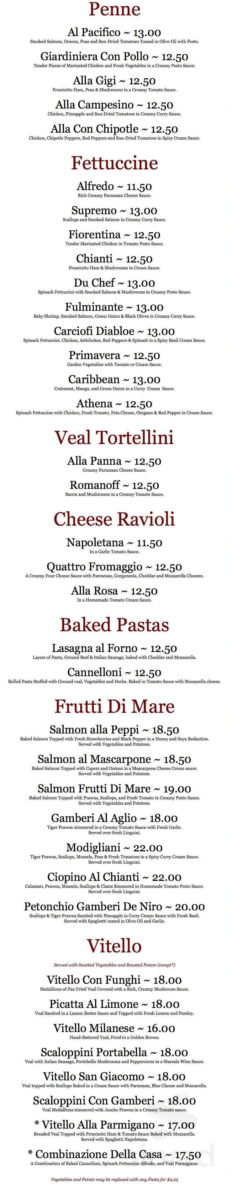 Chianti Cafe & Restaurant menu in Saskatoon, Saskatchewan, Canada