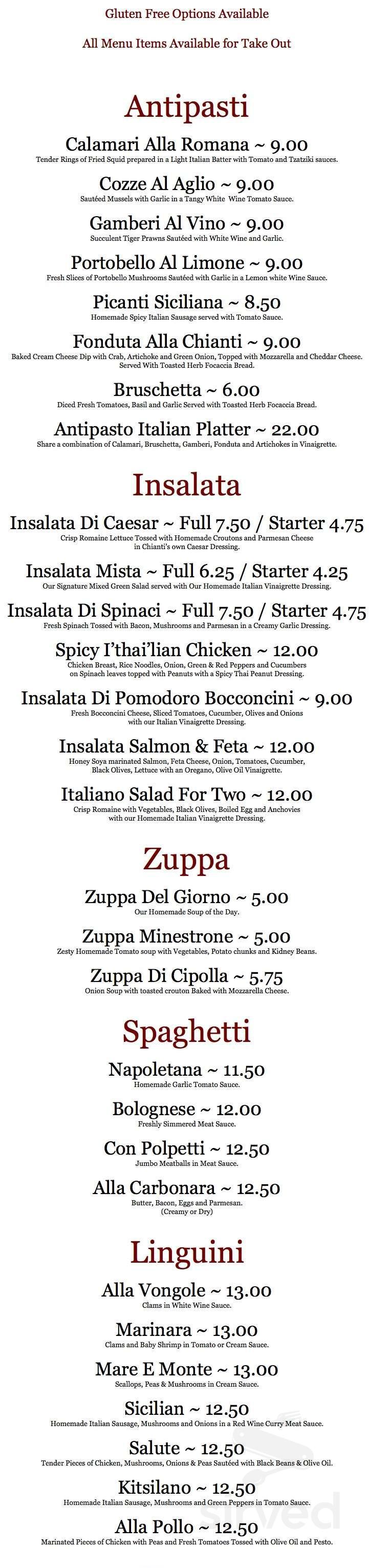 Menu for Chianti Cafe & Restaurant in Saskatoon, SK | Sirved