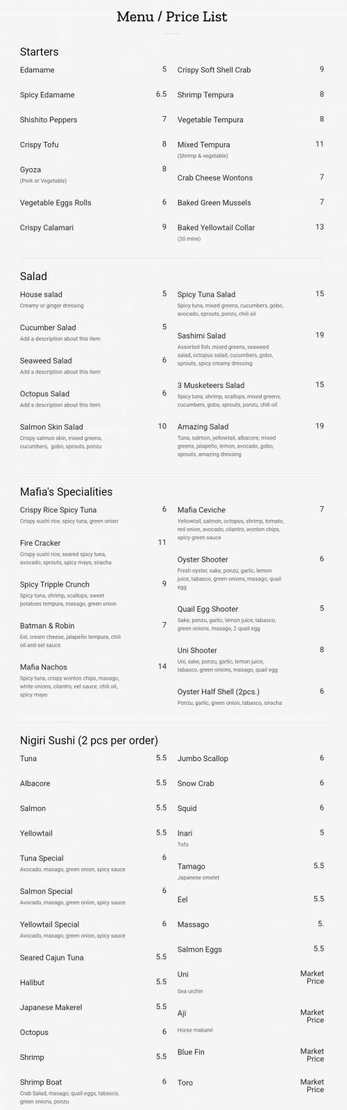 Sushi Mafia menu in Long Beach, California, USA