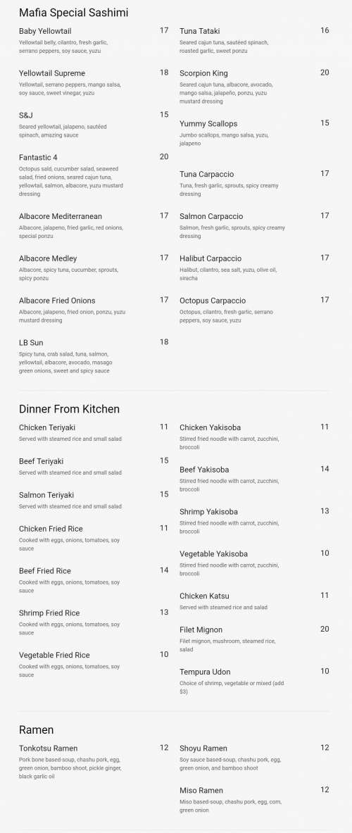 Sushi Mafia menu in Long Beach, California, USA