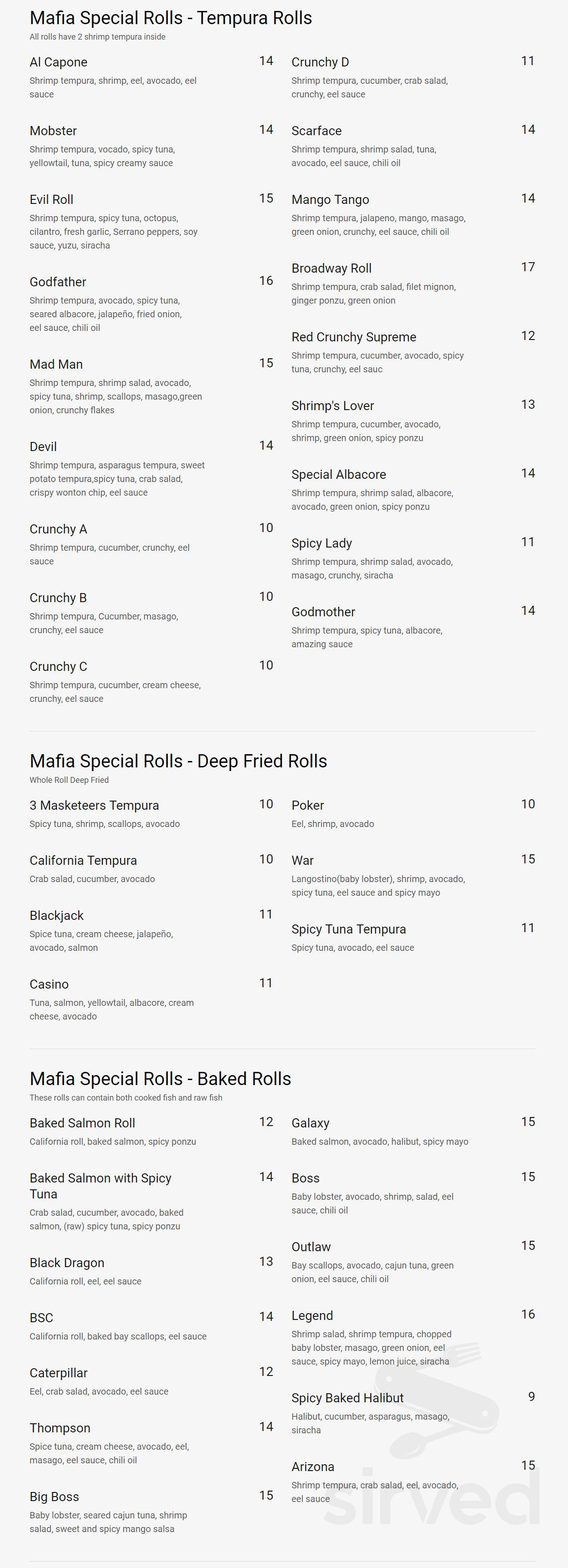 Sushi Mafia menu in Long Beach, California, USA