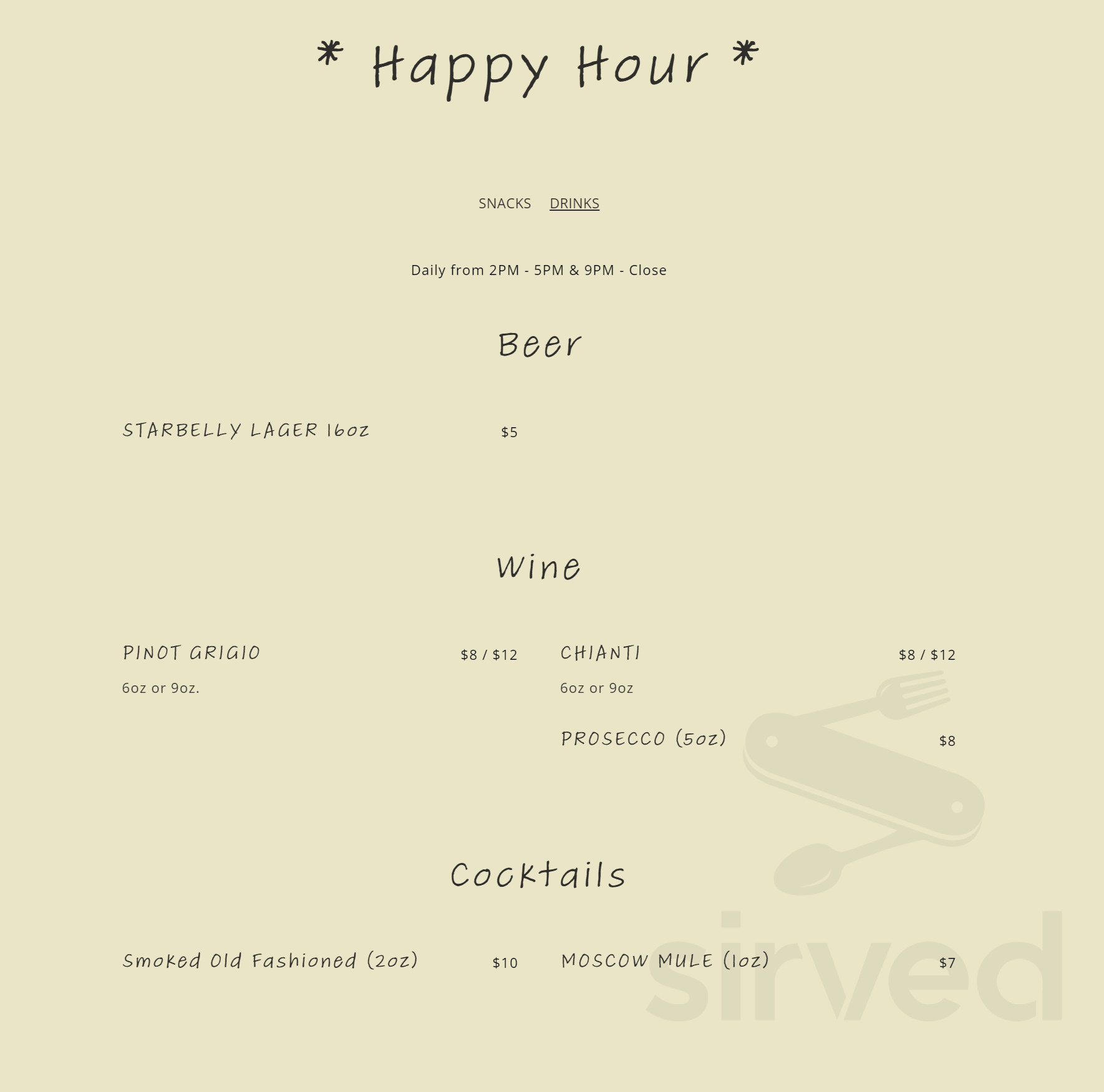 Menu for Starbelly Open Kitchen & Lounge in Calgary, AB | Sirved