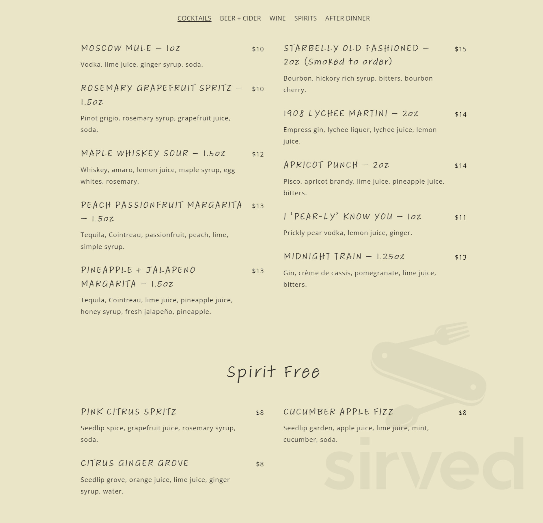 Menu for Starbelly Open Kitchen & Lounge in Calgary, AB | Sirved