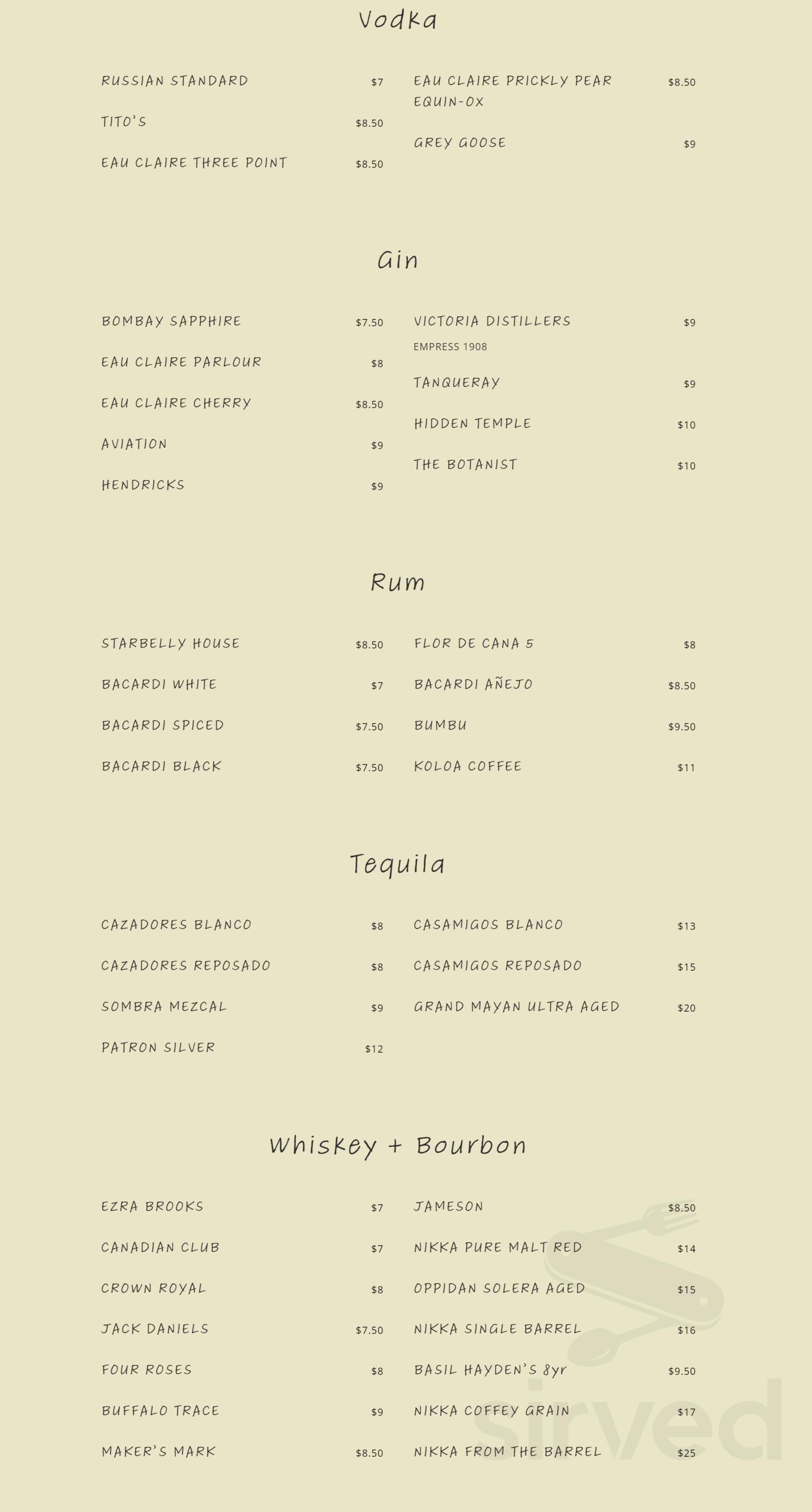 Menu for Starbelly Open Kitchen & Lounge in Calgary, AB | Sirved