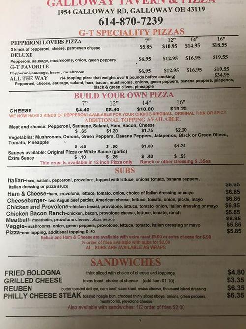 The Galloway Tavern menu in Galloway, Ohio, USA