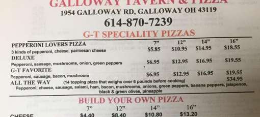 Menu for The Galloway Tavern in Galloway, OH | Sirved
