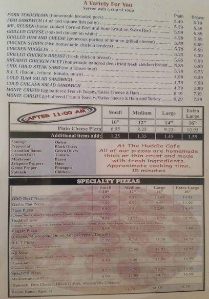 Huddle Cafe menu in Ashton, Illinois, USA