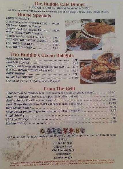 Huddle Cafe menu in Ashton, Illinois, USA