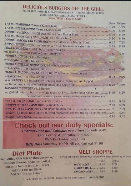 Huddle Cafe menu in Ashton, Illinois, USA