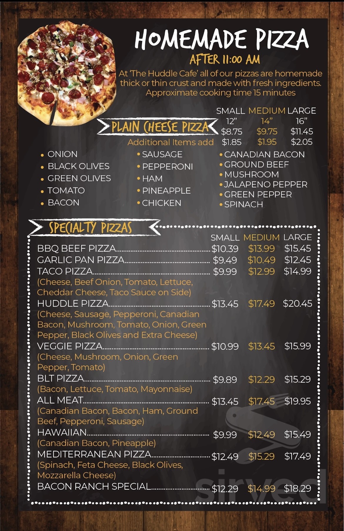 Huddle Cafe menu in Ashton, Illinois, USA