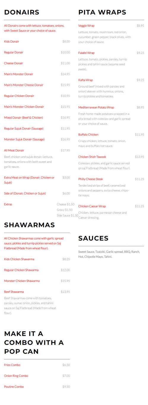 Donair On Main menu in Slave Lake, Alberta, Canada