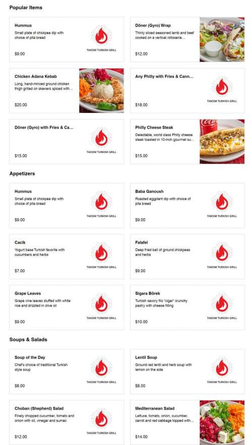 Taksim Turkish Grill menu in Sanford, Florida, USA