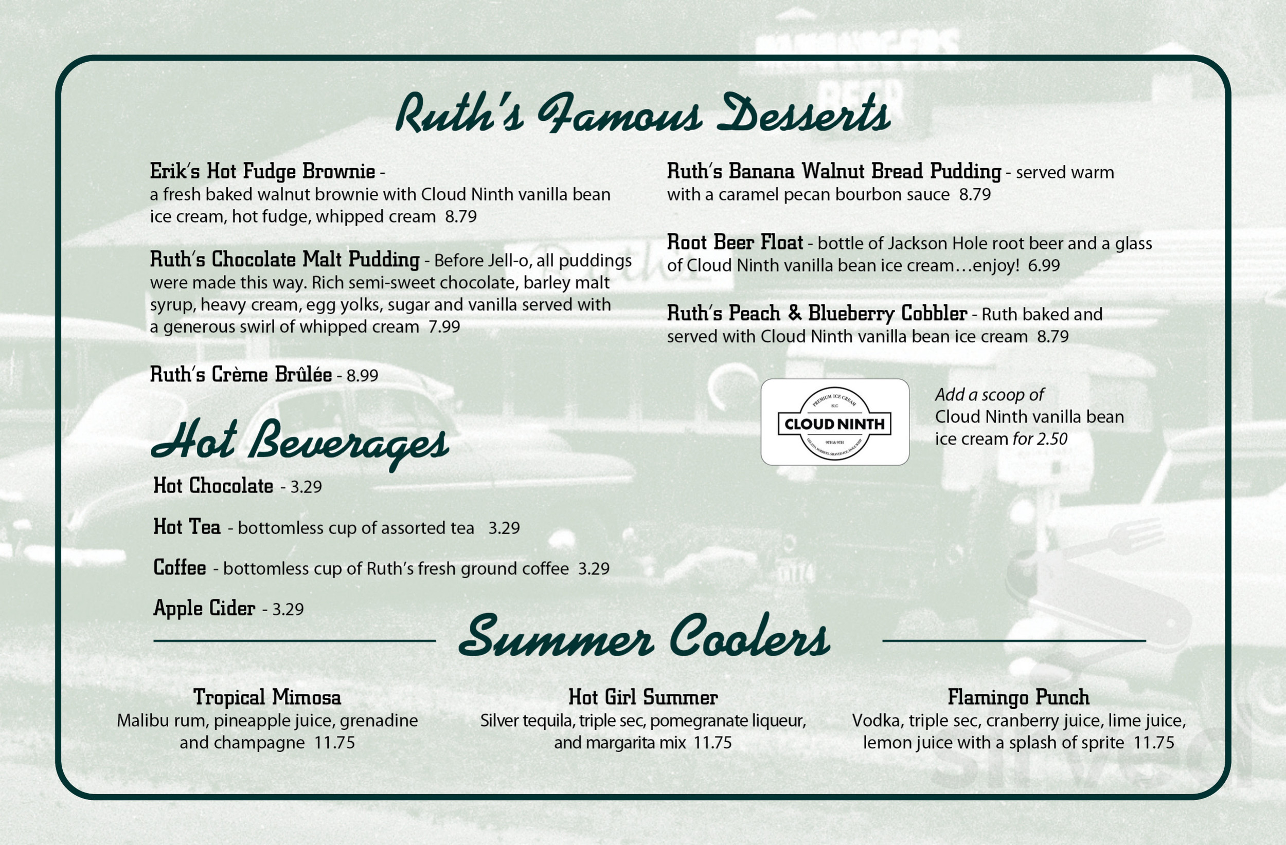Ruth's Diner menu in Emigration Canyon, Utah, USA