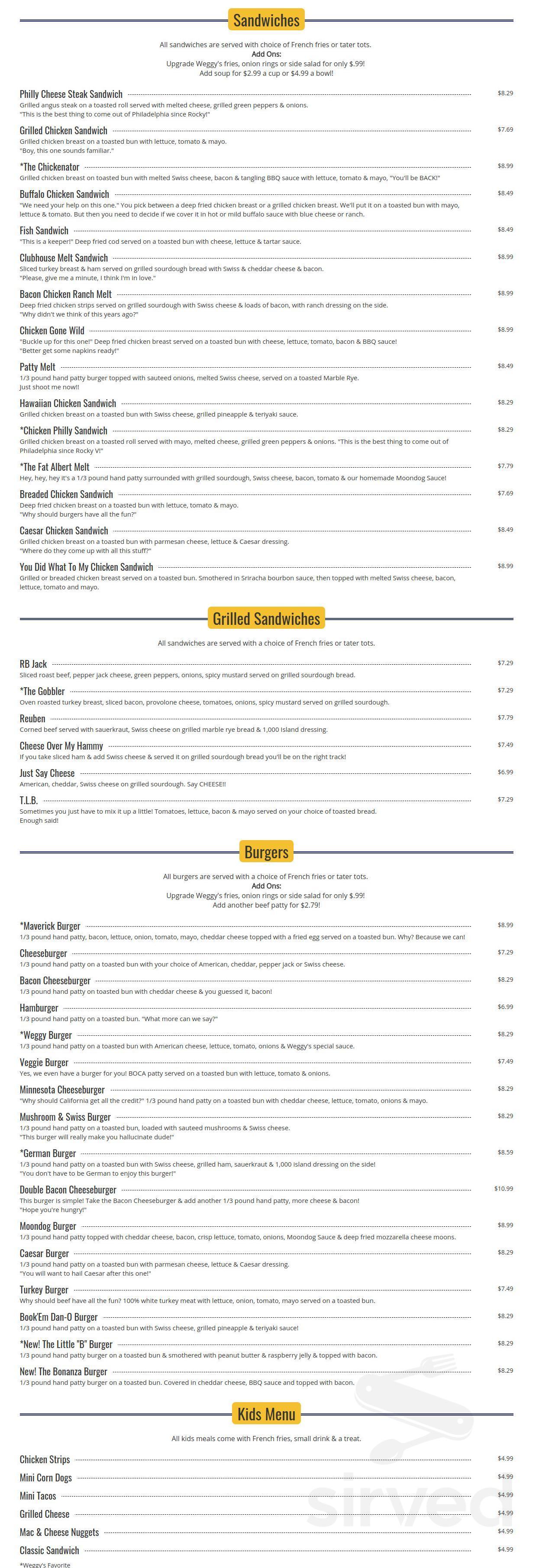 Weggy's On Campus menu in Mankato, Minnesota, USA