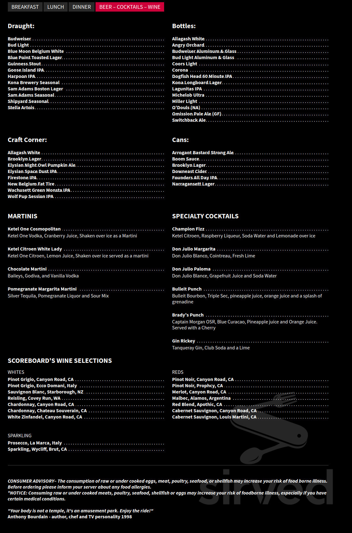 Menu for Scoreboard Sports Bar and Grill in Woburn, MA | Sirved