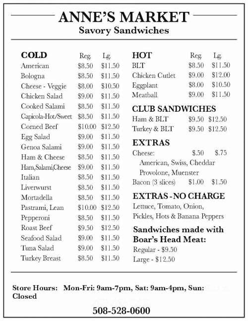 Anne's Market of Norfolk, MA menu in Norfolk, Massachusetts, USA