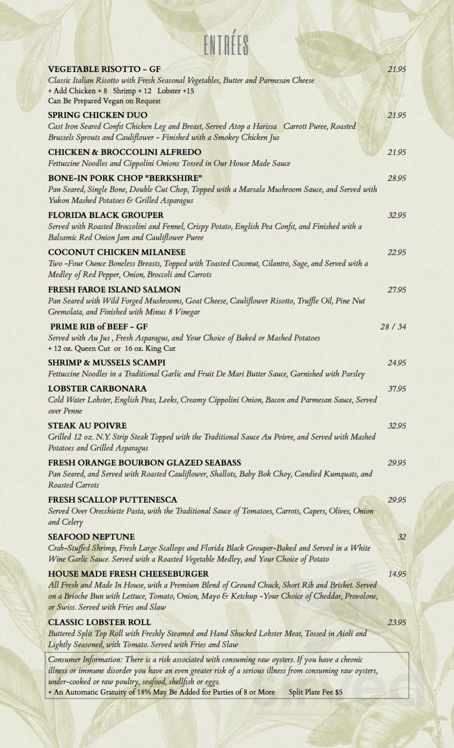 The Waverly Restaurant & Bar menu in Englewood, Florida, USA