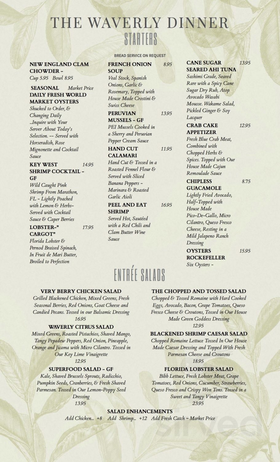 The Waverly Restaurant & Bar menu in Englewood, Florida, USA