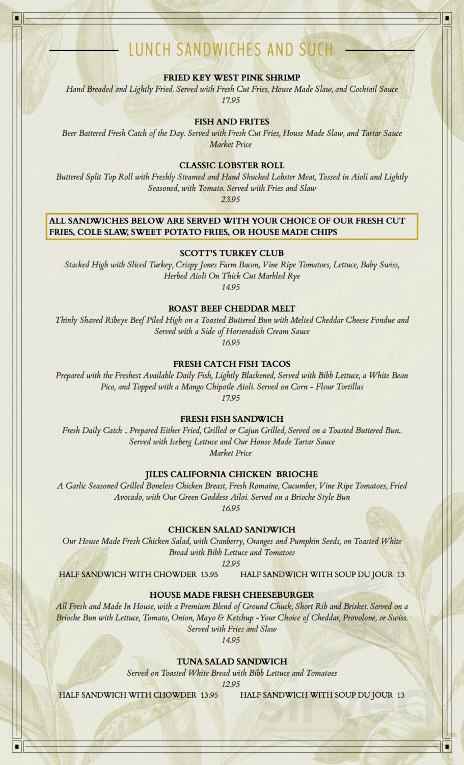 The Waverly Restaurant & Bar menu in Englewood, Florida, USA
