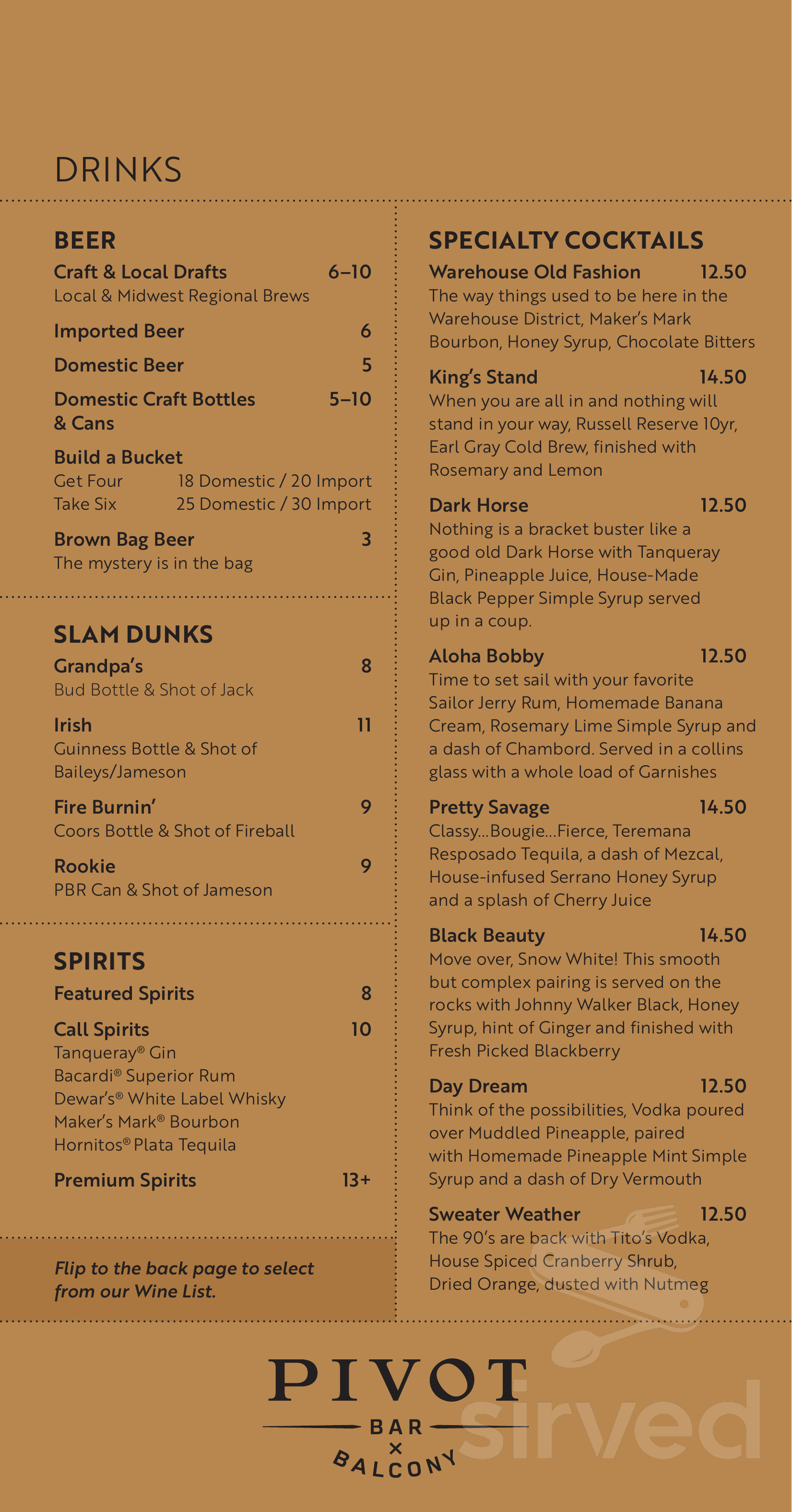 Pivot Bar and Balcony menu in Indianapolis, Indiana, USA