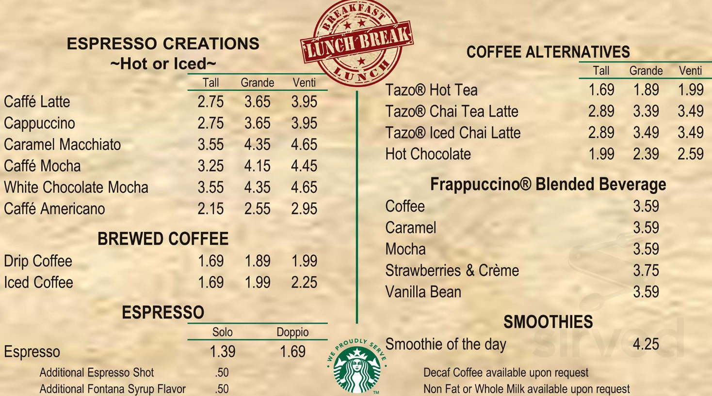 Lunch Break menu in Jacksonville, Florida, USA